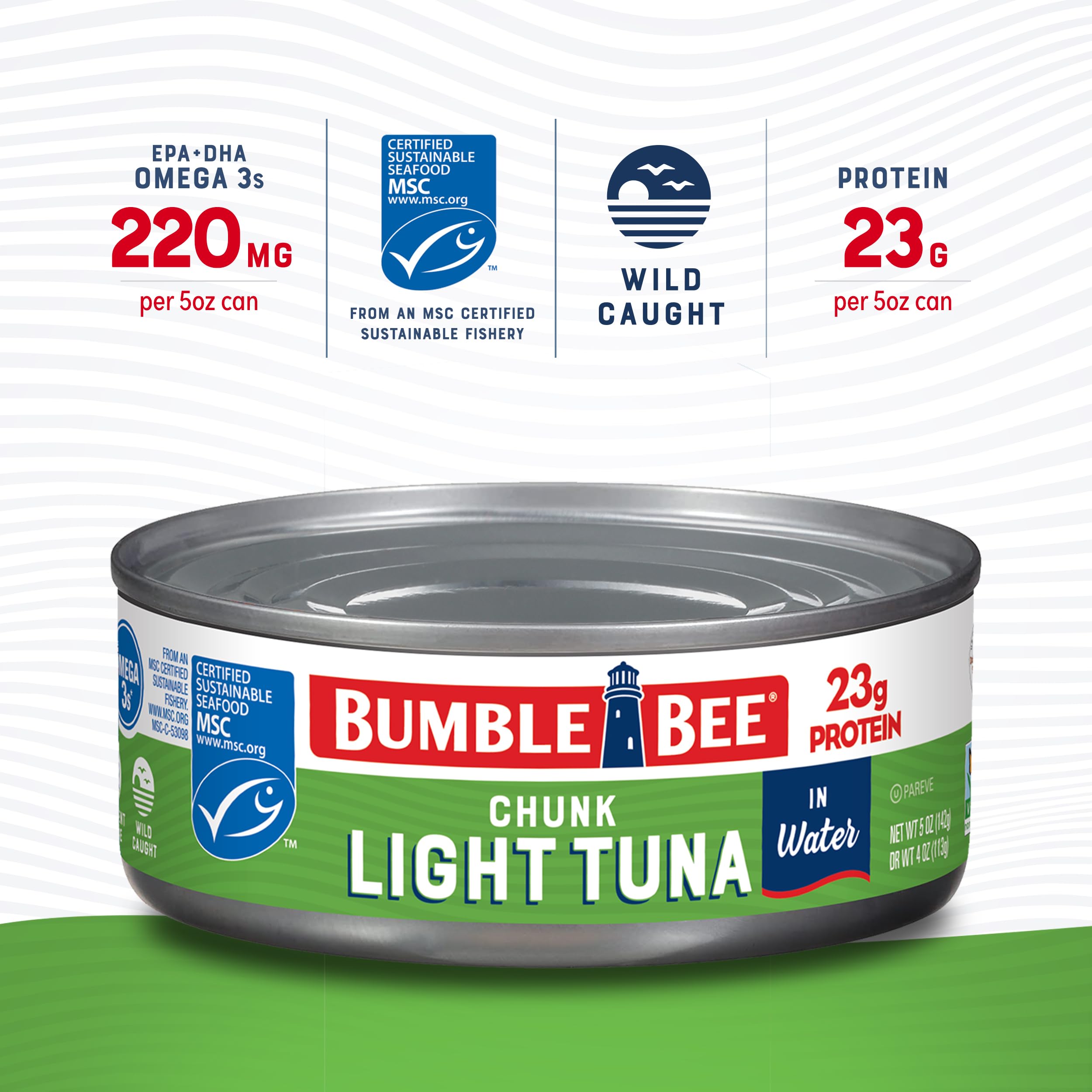 Bumble Bee Chunk Light Tuna In Water, 5 oz Cans (Pack of 24) - Wild Caught - 22g Protein Per Serving - Non-GMO Project Verified, Gluten Free, Kosher - Great For Tuna Salad & Recipes