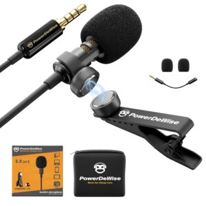 powerdewise professional grade lavalier clip on microphone - lav mic for camera phone iphone gopro video recording asmr - small noise cancelling 3.5mm tiny shirt microphone with easy clip on system