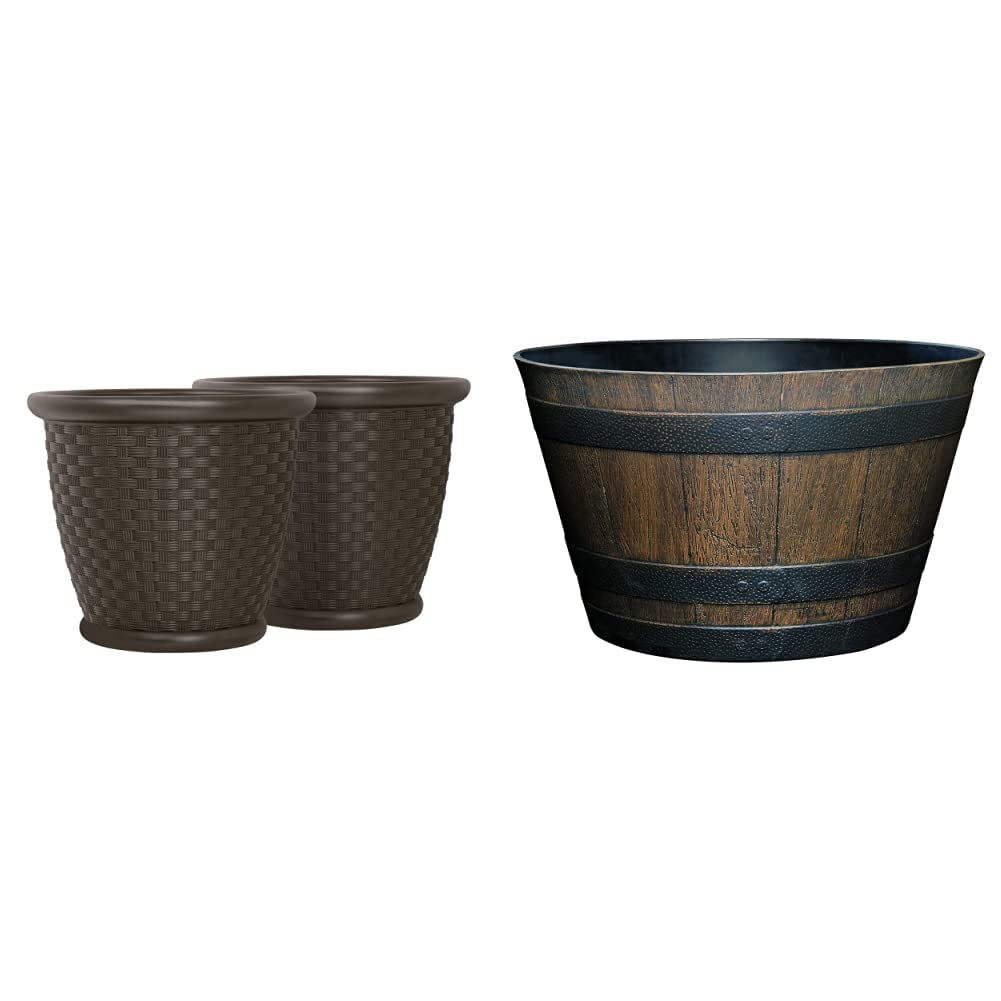 Suncast 22" Sonora Resin Wicker Planter Contemporary Lightweight Flower Pot for Indoor and Outdoor Use, Home, Yard, or Garden, Set of 2, Java