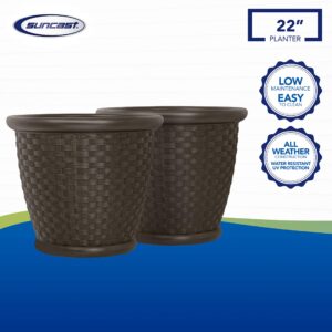 Suncast 22" Sonora Resin Wicker Planter Contemporary Lightweight Flower Pot for Indoor and Outdoor Use, Home, Yard, or Garden, Set of 2, Java