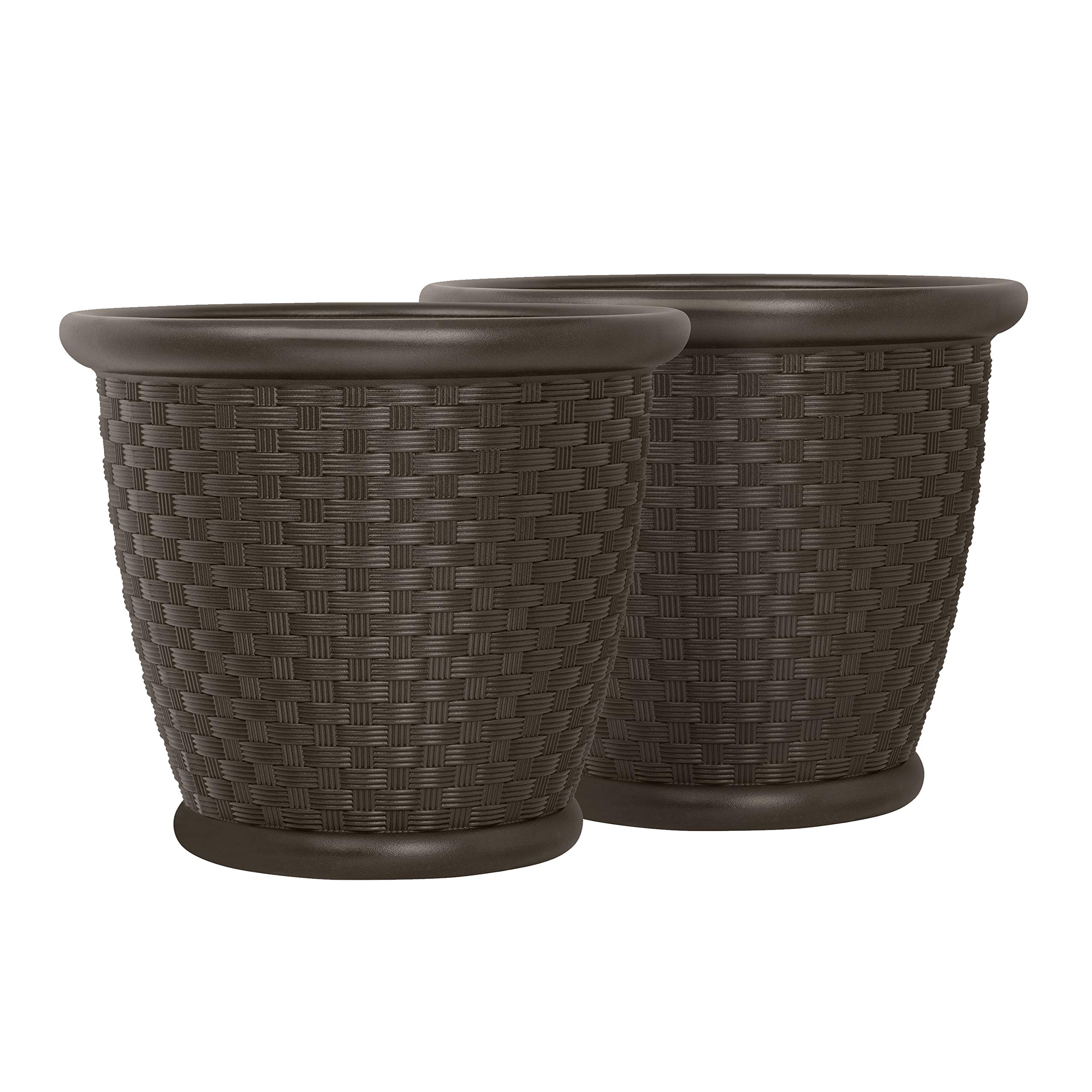 Suncast 22" Sonora Resin Wicker Planter Contemporary Lightweight Flower Pot for Indoor and Outdoor Use, Home, Yard, or Garden, Set of 2, Java