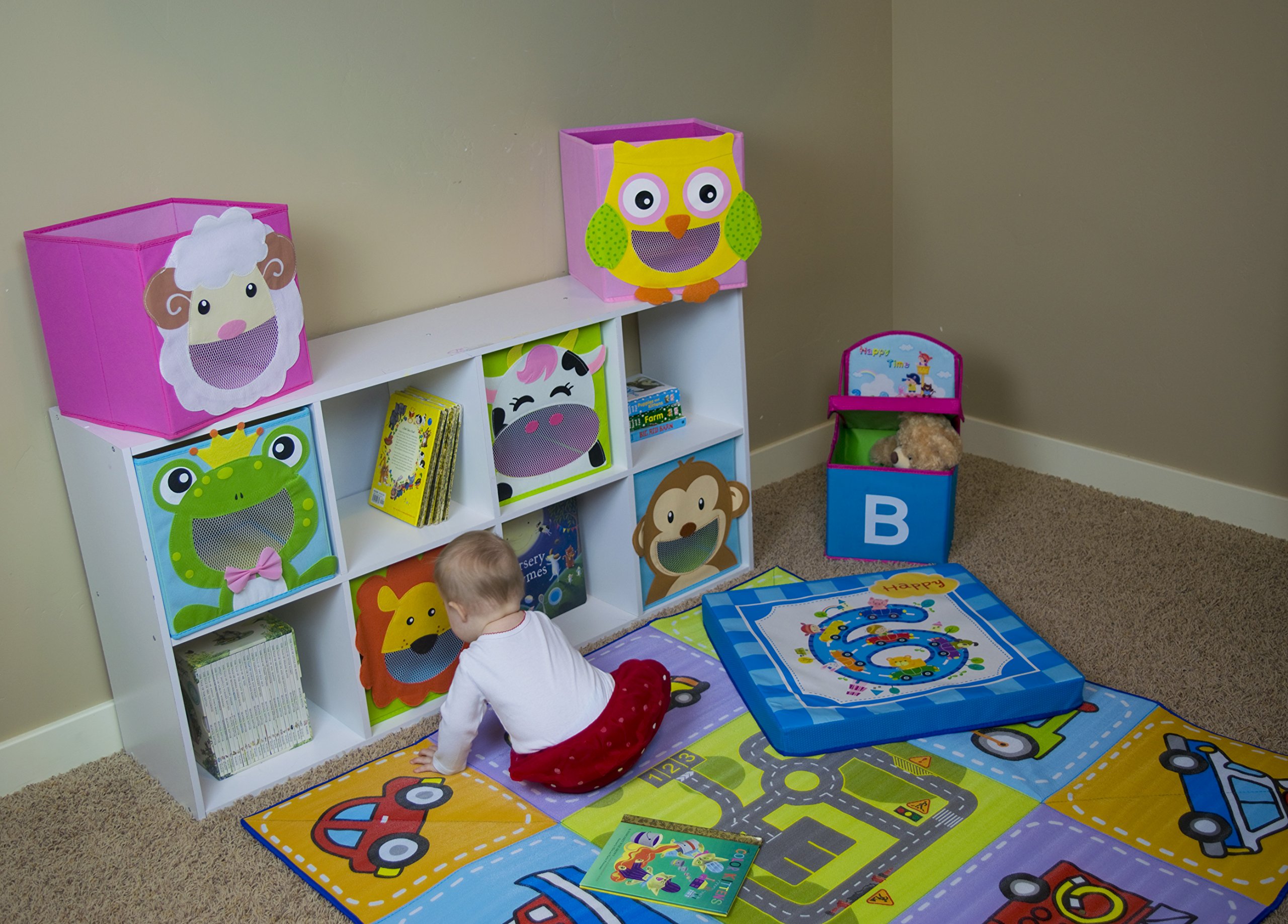 Foldable Storage Bin Containers - Collapsible Cube Bins with see through mouth! - Great Non Plastic Box Cubes for kids, toys, nursery, wall organizer, décor, etc. - Safe, Stain-resistant, fun!