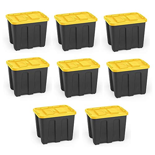 HOMZ 18 Gallon Durabilt LLDPE Heavy Duty Storage Container, Black Base, Yellow Lid, 8-Pack