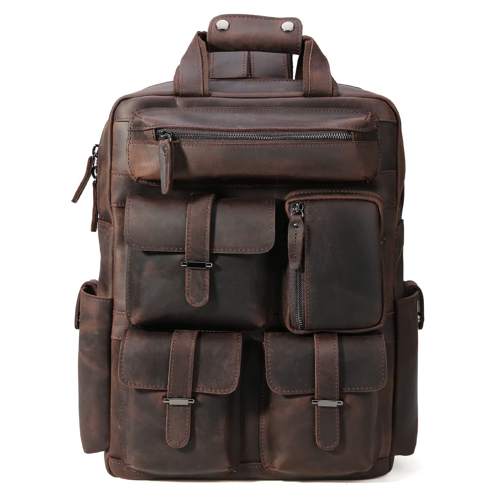 Full Grain Cowhide Leather Multi Pockets 16 Inch Laptop Backpack Travel Bag with YKK Zippers