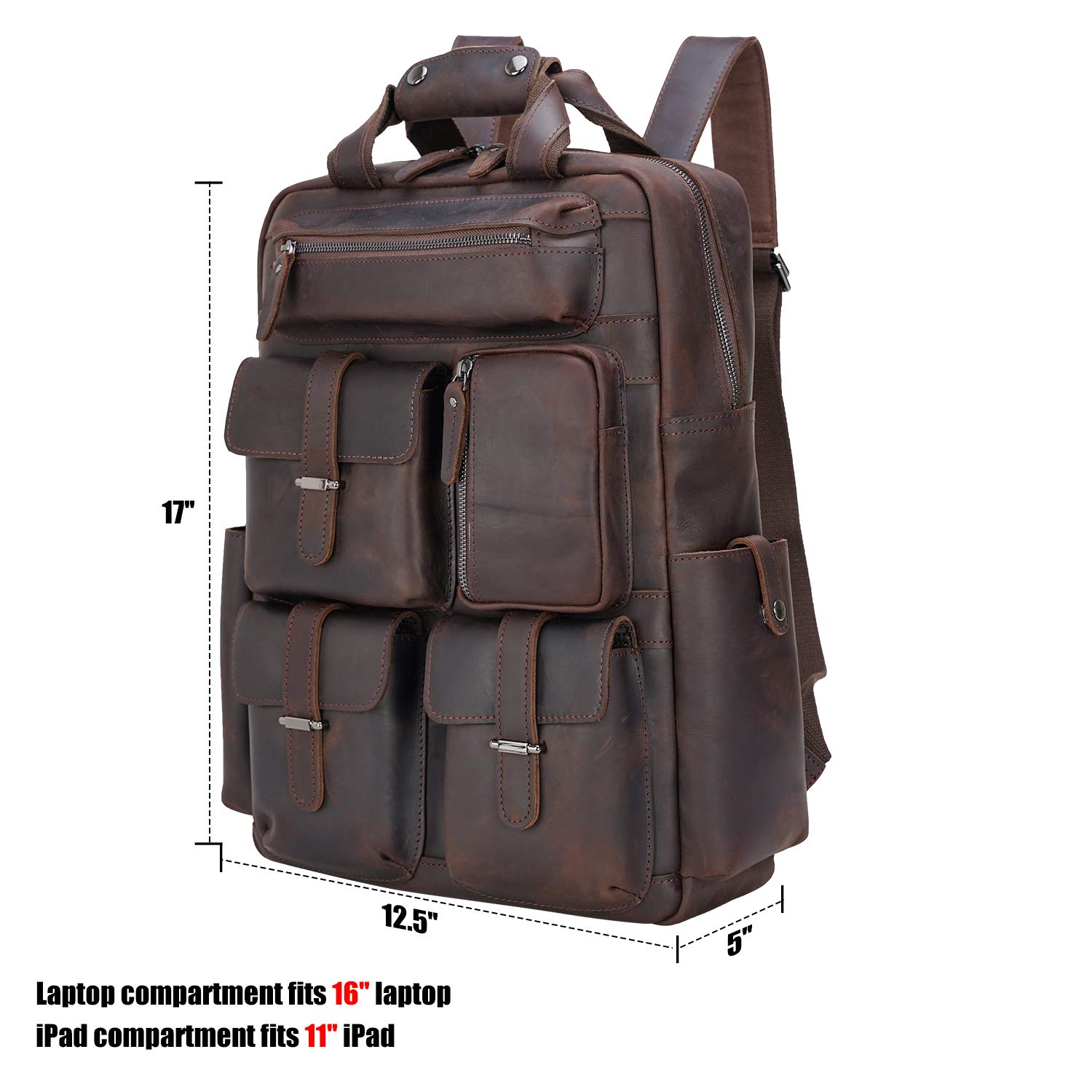 Full Grain Cowhide Leather Multi Pockets 16 Inch Laptop Backpack Travel Bag with YKK Zippers