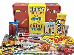 retro candy yum 1963 candy birthday box - celebrate your loved one's 61st birthday with our candy from 1963 - candy from the 60s to take a trip down memory lane - 1960s nostalgia gifts