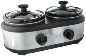 tru double slow cooker by select brands - double buffet server for parties, holidays & gatherings - double slow cooker buffet server - 2 inserts, each 1 1/4 quarts