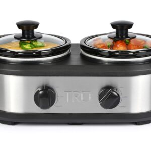 TRU Double Slow Cooker by Select Brands - Double Buffet Server for Parties, Holidays & Gatherings - Double Slow Cooker Buffet Server - 2 Inserts, Each 1 1/4 Quarts