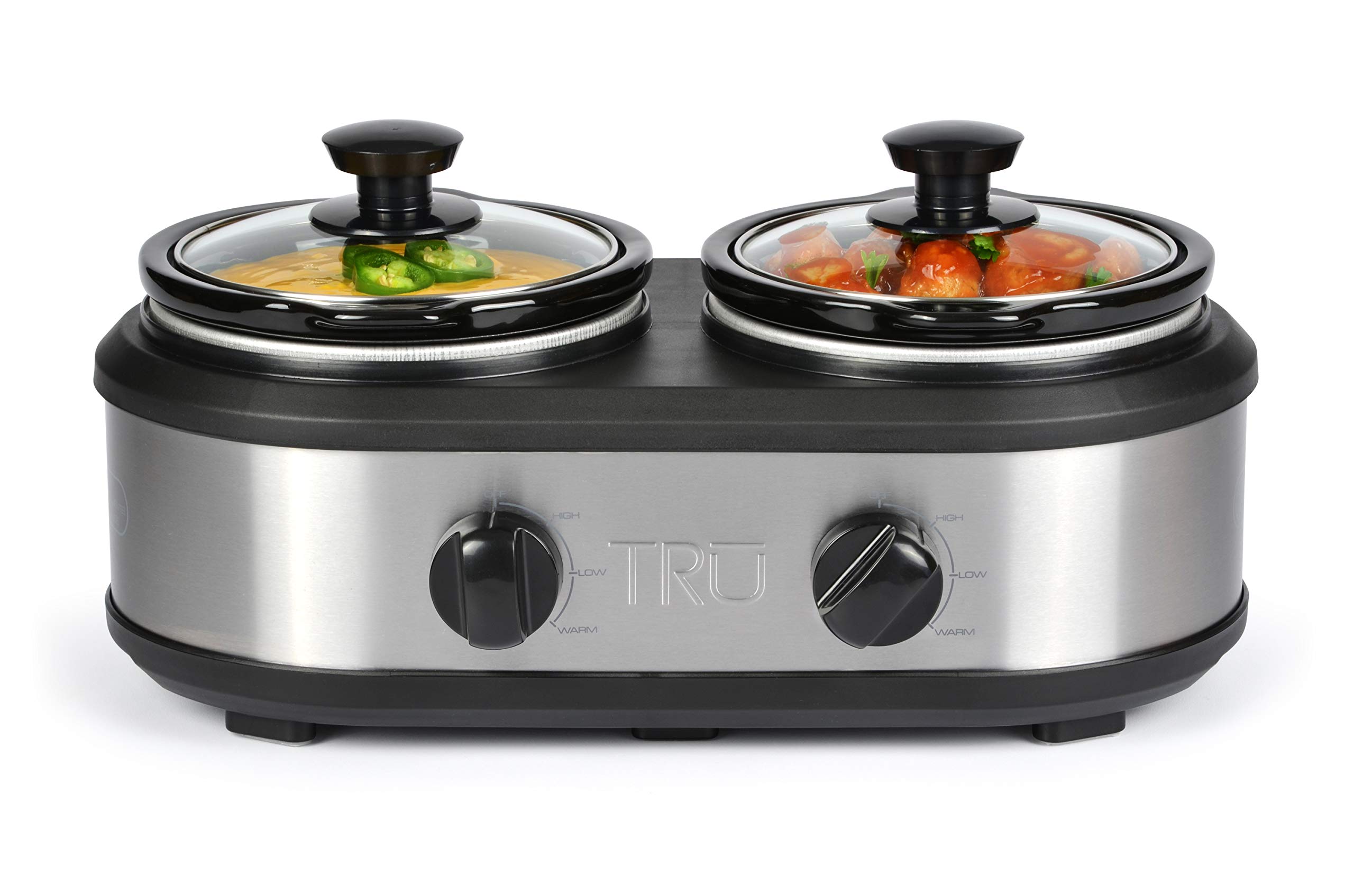 TRU Double Slow Cooker by Select Brands - Double Buffet Server for Parties, Holidays & Gatherings - Double Slow Cooker Buffet Server - 2 Inserts, Each 1 1/4 Quarts