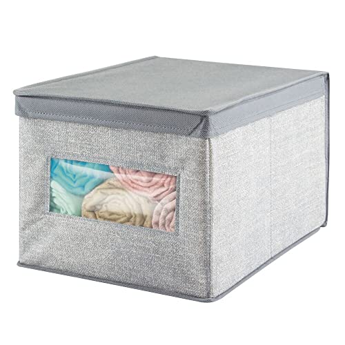 mDesign Large Fabric Stackable Closet Organizer Box with Clear Window/Lid for Bedroom, Office, Bathroom, Mudroom Organization - Shoe, Sweater, Clothes Storage, Lido Collection, Gray