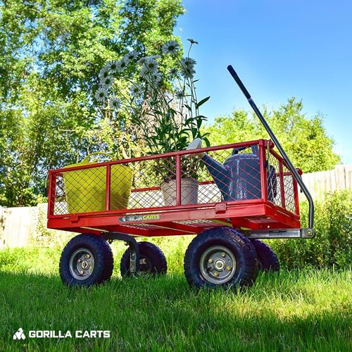 Gorilla Carts 800 Pound Capacity Heavy Duty Steel Mesh Versatile Utility Wagon Cart with Easy Grip Handle for Outdoor Hauling, Red