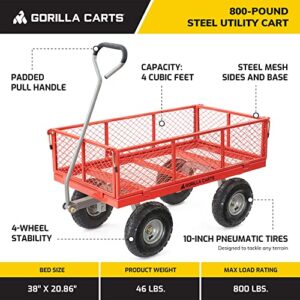 Gorilla Carts 800 Pound Capacity Heavy Duty Steel Mesh Versatile Utility Wagon Cart with Easy Grip Handle for Outdoor Hauling, Red