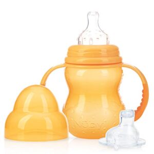 nuby 3-stage wide neck no spill bottle with handles and non-drip juice spout, 3 months, 8 ounce, orange