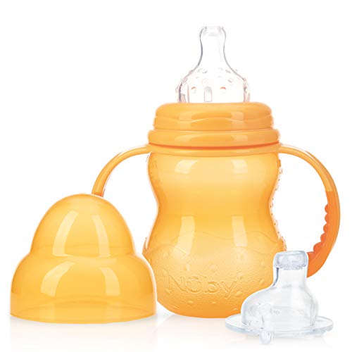 Nuby 3-Stage Wide Neck No Spill Bottle with Handles and Non-Drip Juice Spout, 3 Months, 8 Ounce, Orange