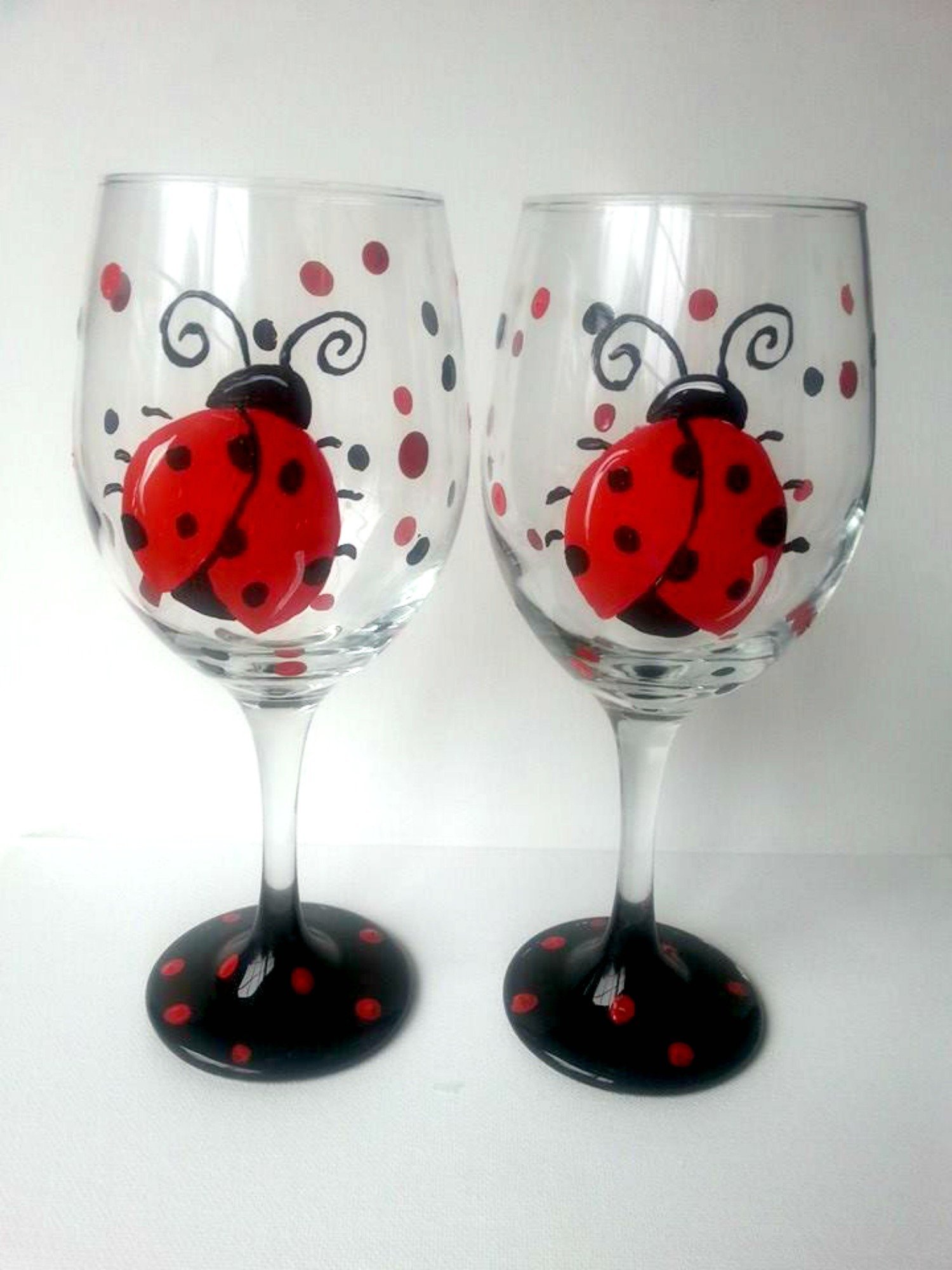 Ladybug Hand Painted Stemmed Wine Glasses Set of 2