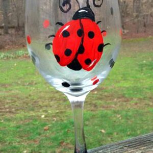 Ladybug Hand Painted Stemmed Wine Glasses Set of 2