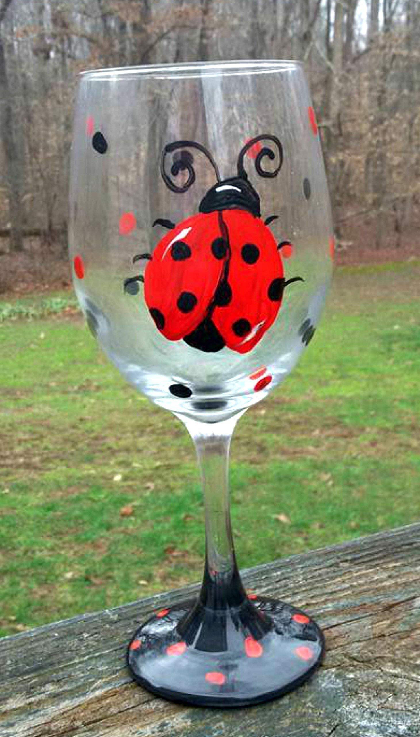 Ladybug Hand Painted Stemmed Wine Glasses Set of 2