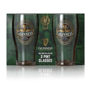 guinness stout beer glass green ireland collection twin pack | official merchandise pint glasses set of 2 | perfect irish gifts for beer lovers