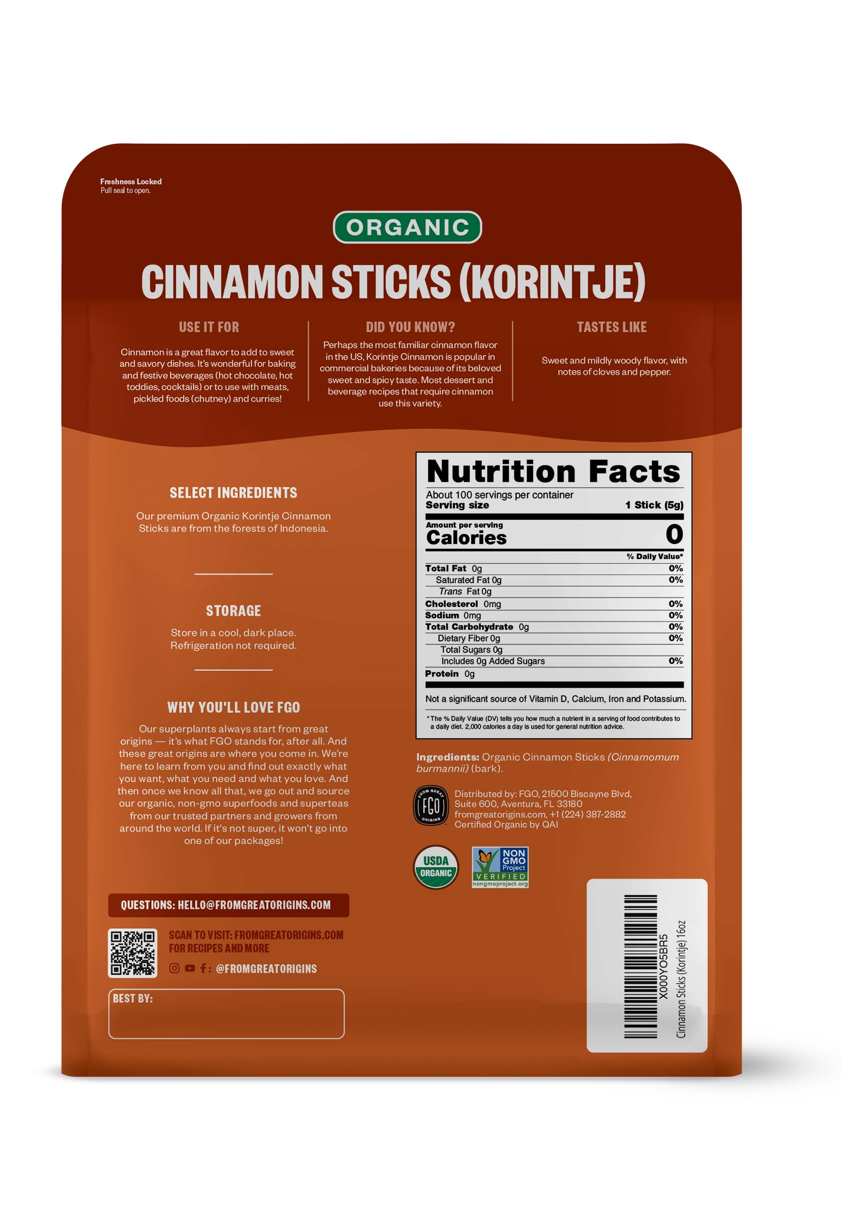 FGO Organic Korintje Cinnamon Sticks, 100% Raw from Indonesia, 100+ Sticks 2 3/4" Packaging May Vary (Pack of 1)