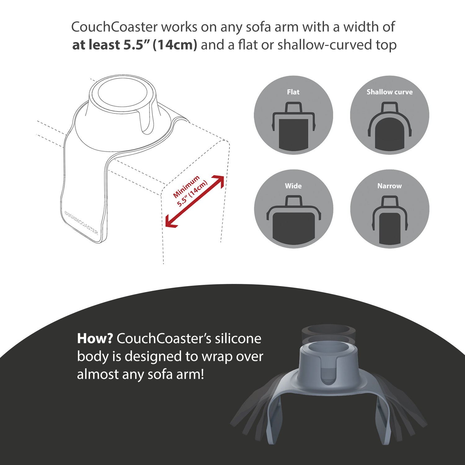 CouchCoaster - The Original and Patented Armrest Couch Cup Holder – A Weighted, Silicone, Anti Slip Coaster Stops Spills On Your Sofa, Arm Chair Or Recliner and Keeps Drinks Within Reach, Steel Grey