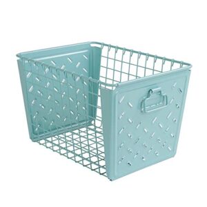 spectrum diversified macklin, stamped steel & wire basket for closet & cubby storage vintage-inspired design with customizable label plate, medium, teal, 1 count (pack of 1)