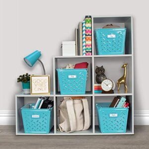 Spectrum Diversified Macklin, Stamped Steel & Wire Basket for Closet & Cubby Storage Vintage-Inspired Design with Customizable Label Plate, Medium, Teal, 1 Count (Pack of 1)