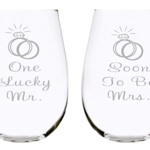 C & M Personal Gifts 17 oz Wine Glasses (Set of 2) One Lucky Mr. and Soon To Be Mrs. Etched Stemless Glasses Set Made from Lead-Free Crystal-Clear Glass – Ideal Gift for Engagement