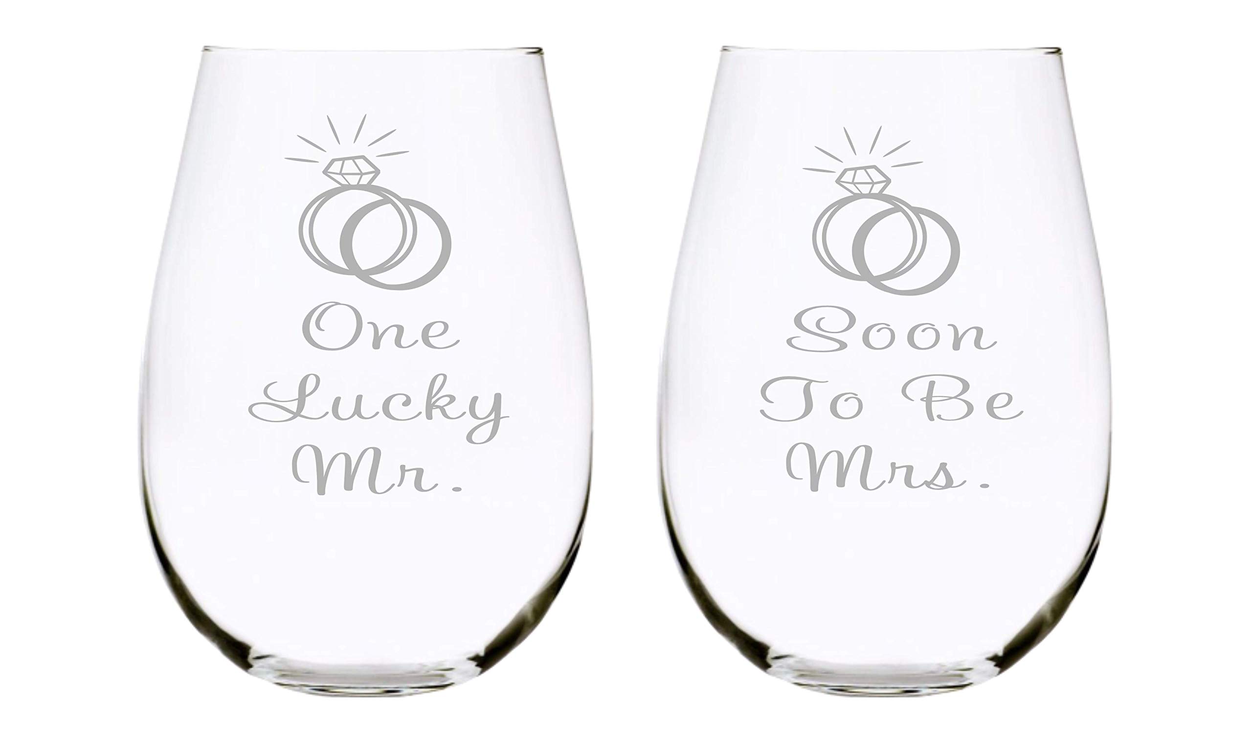 C & M Personal Gifts 17 oz Wine Glasses (Set of 2) One Lucky Mr. and Soon To Be Mrs. Etched Stemless Glasses Set Made from Lead-Free Crystal-Clear Glass – Ideal Gift for Engagement