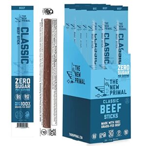 the new primal grass fed beef sticks, keto, gluten free healthy snacks, sugar free low carb high protein snack, jerky meat stick, 6g protein, 20 ct