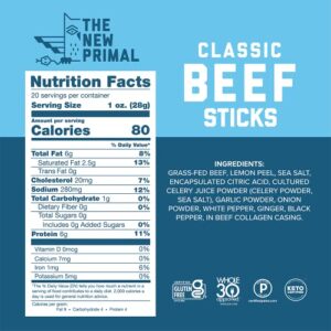 The New Primal Grass Fed Beef Sticks, Keto, Gluten Free Healthy Snacks, Sugar Free Low Carb High Protein Snack, Jerky Meat Stick, 6g Protein, 20 Ct