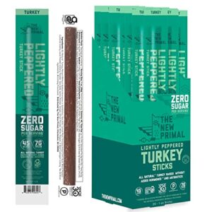 the new primal lightly peppered turkey sticks, keto, gluten free healthy snacks, sugar free low carb high protein, jerky meat stick, 7g protein, 20 ct