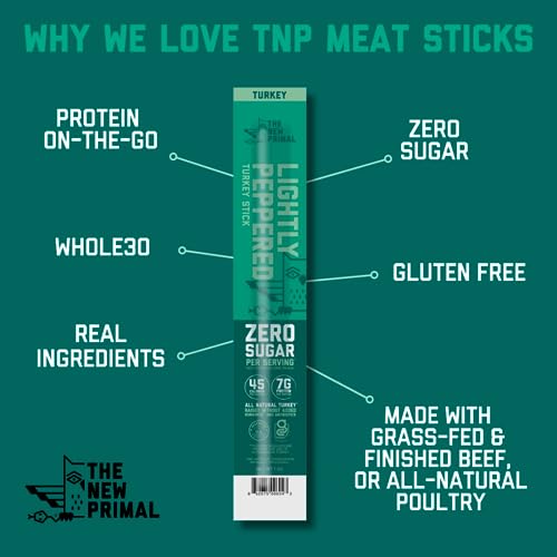 The New Primal Lightly Peppered Turkey Sticks, Keto, Gluten Free Healthy Snacks, Sugar Free Low Carb High Protein, Jerky Meat Stick, 7g Protein, 20 Ct