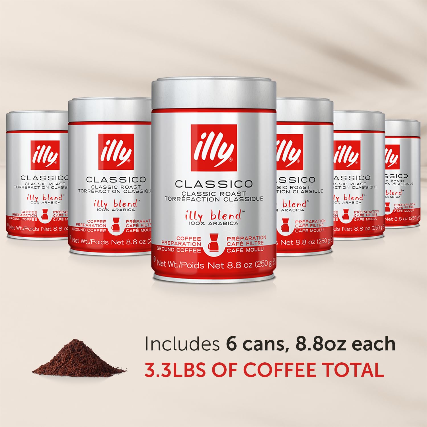 illy Drip Coffee - Ground Coffee - 100% Arabica Ground Coffee – Classico Medium Roast - Notes of Caramel, Orange Blossom & Jasmine - No Preservatives – Mild & Balanced – 8.8 Ounce (Pack of 6)