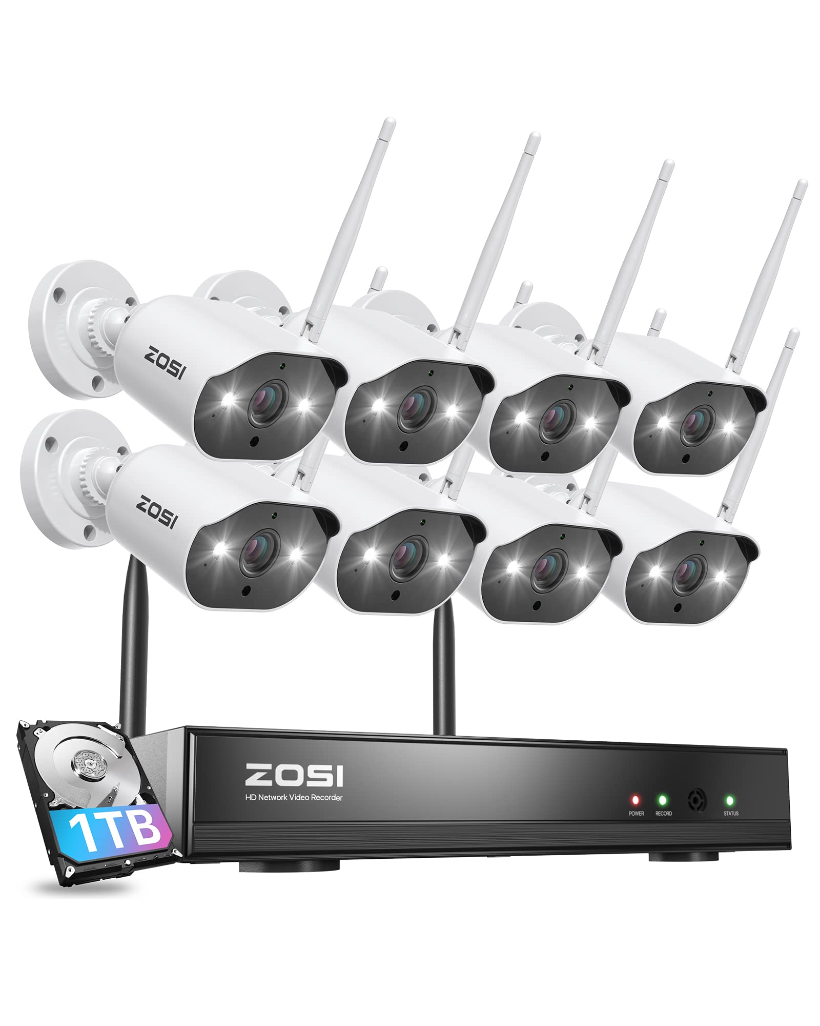 ZOSI 8CH 2K Wireless Security Camera System with 1TB Hard Drive,8x 3MP WiFi Outdoor Surveillance Cameras,Night Vision,Light and Siren Alarm,2 Way Audio,2K H.265+ 8Channel NVR for 24/7 Recording