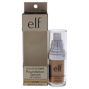 e.l.f. beautifully bare foundation serum spf 25, luminous, lightweight, sheer coverage, minimizes pores & fine lines, brightens, restores, dewy finish, for all skin types, fair/light 0.476 fl oz