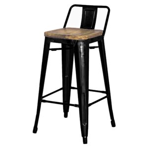 New Pacific Direct Metropolis Metal Low Back Bar Stool 30" Wood Seat,Indoor/Outdoor Ready,Black,Set of 4