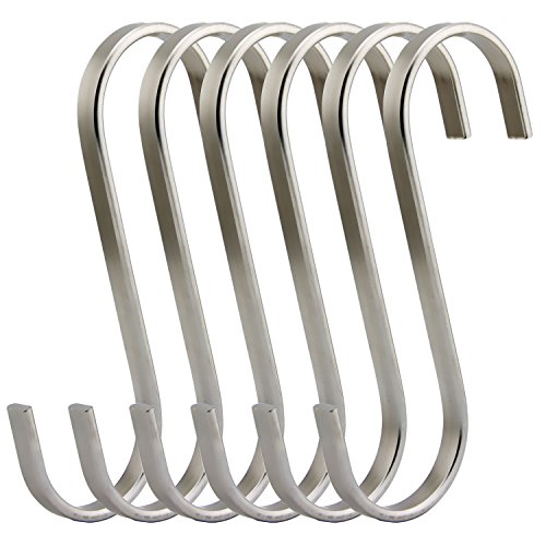 RuiLing Premium 6 Pack Size X-Large Brushed Stainless Flat S Hooks Kitchen Pot Pan Hanger Clothes Storage Rack.