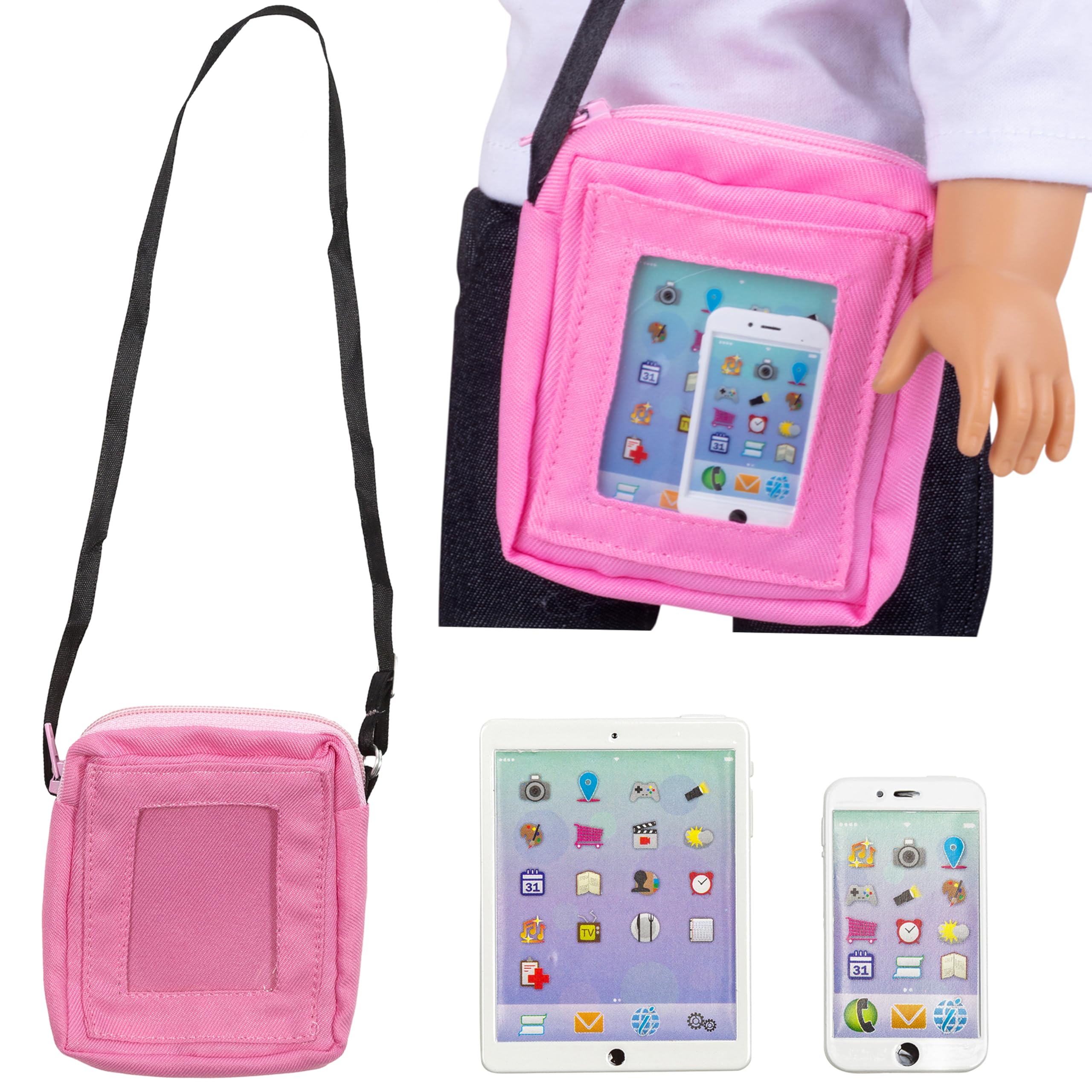 Dress Along Dolly 3pc Tech Set for American 18" Dolls w Cell Phone, Computer Tablet, and Accessory Bag- Premium Durable Metal Construction- Perfect Techie Girl Gift Set for Less