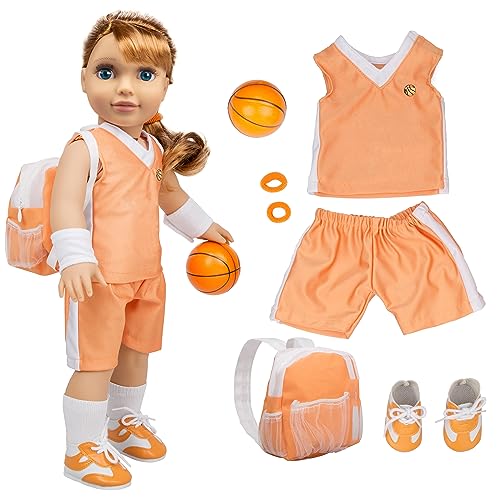 Dress Along Dolly Basketball Uniform Outfit for 18" Girl Dolls (8 Piece Set) - Includes Premium Handmade Doll Clothes & Accessories- Costume Sports Apparel for Doll, Gift for Girls Kids Birthday