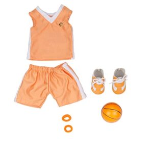 Dress Along Dolly Basketball Uniform Outfit for 18" Girl Dolls (8 Piece Set) - Includes Premium Handmade Doll Clothes & Accessories- Costume Sports Apparel for Doll, Gift for Girls Kids Birthday