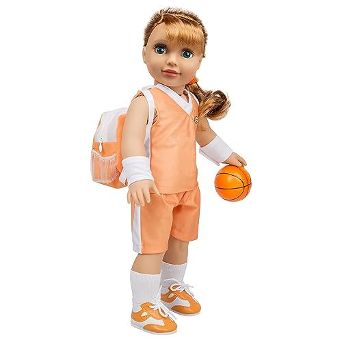 Dress Along Dolly Basketball Uniform Outfit for 18" Girl Dolls (8 Piece Set) - Includes Premium Handmade Doll Clothes & Accessories- Costume Sports Apparel for Doll, Gift for Girls Kids Birthday