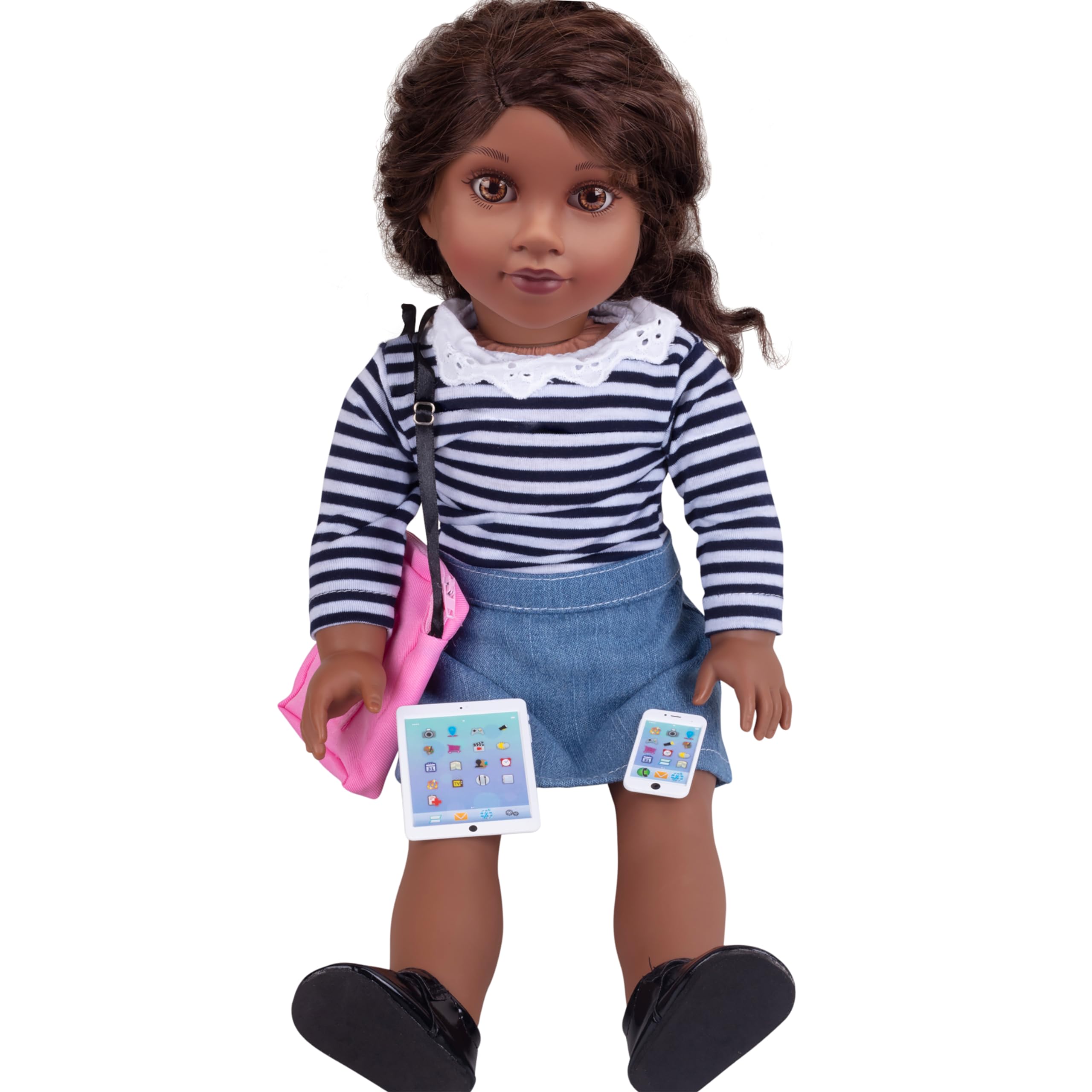 Dress Along Dolly 3pc Tech Set for American 18" Dolls w Cell Phone, Computer Tablet, and Accessory Bag- Premium Durable Metal Construction- Perfect Techie Girl Gift Set for Less