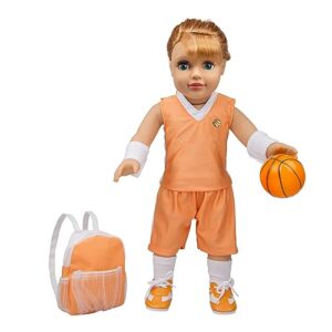 Dress Along Dolly Basketball Uniform Outfit for 18" Girl Dolls (8 Piece Set) - Includes Premium Handmade Doll Clothes & Accessories- Costume Sports Apparel for Doll, Gift for Girls Kids Birthday