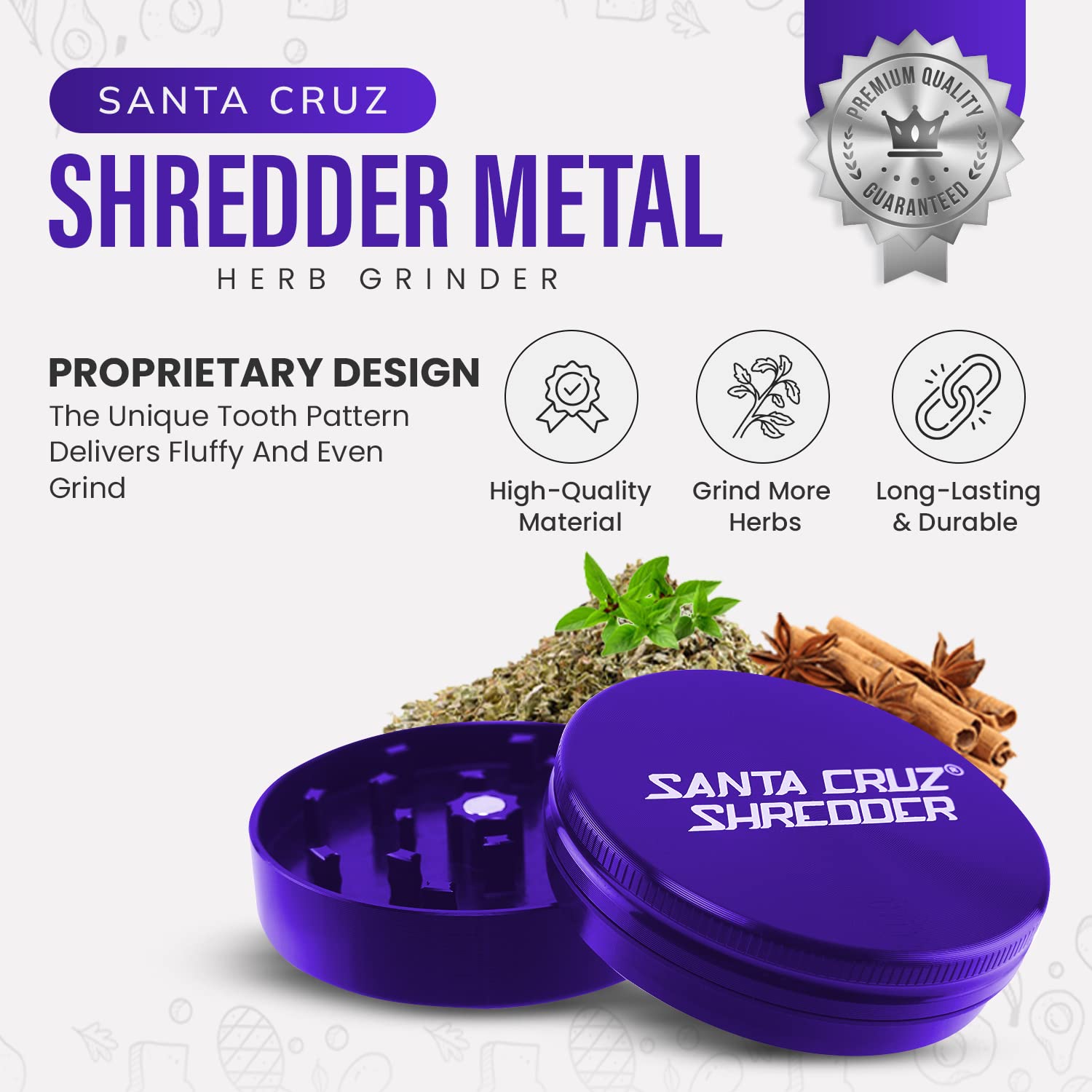 Santa Cruz Shredder Metal Herb Grinder Knurled Top for Stronger Grip 2-Piece 2.2" (Purple)