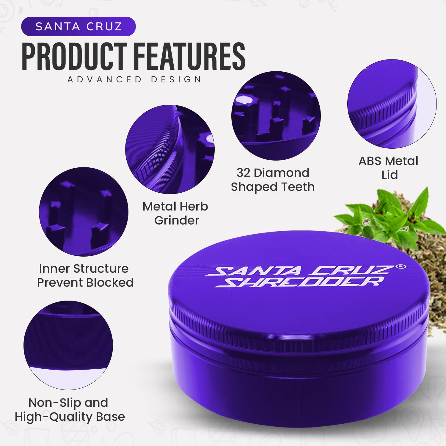 Santa Cruz Shredder Metal Herb Grinder Knurled Top for Stronger Grip 2-Piece 2.2" (Purple)