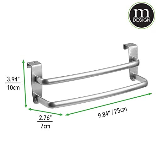 mDesign Over-Door Cabinet Towel Holder - Kitchen Cabinet Double Towel Bar Rack - Over Cabinet Towel Bar Hanger for Hand, Dish, and Tea Towels - 9.84" Wide - Spira Collection - Silver