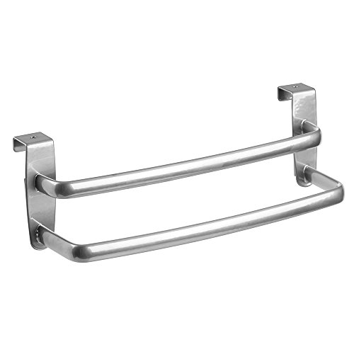 mDesign Over-Door Cabinet Towel Holder - Kitchen Cabinet Double Towel Bar Rack - Over Cabinet Towel Bar Hanger for Hand, Dish, and Tea Towels - 9.84" Wide - Spira Collection - Silver