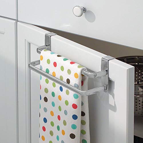 mDesign Over-Door Cabinet Towel Holder - Kitchen Cabinet Double Towel Bar Rack - Over Cabinet Towel Bar Hanger for Hand, Dish, and Tea Towels - 9.84" Wide - Spira Collection - Silver