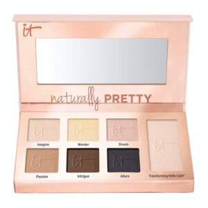 it cosmetics naturally pretty essentials - luxe eyeshadow palette - travel size - 6 matte shades & 1 transforming satin shade - with anti-aging hydrolyzed collagen, silk & peptides - 0.092 oz