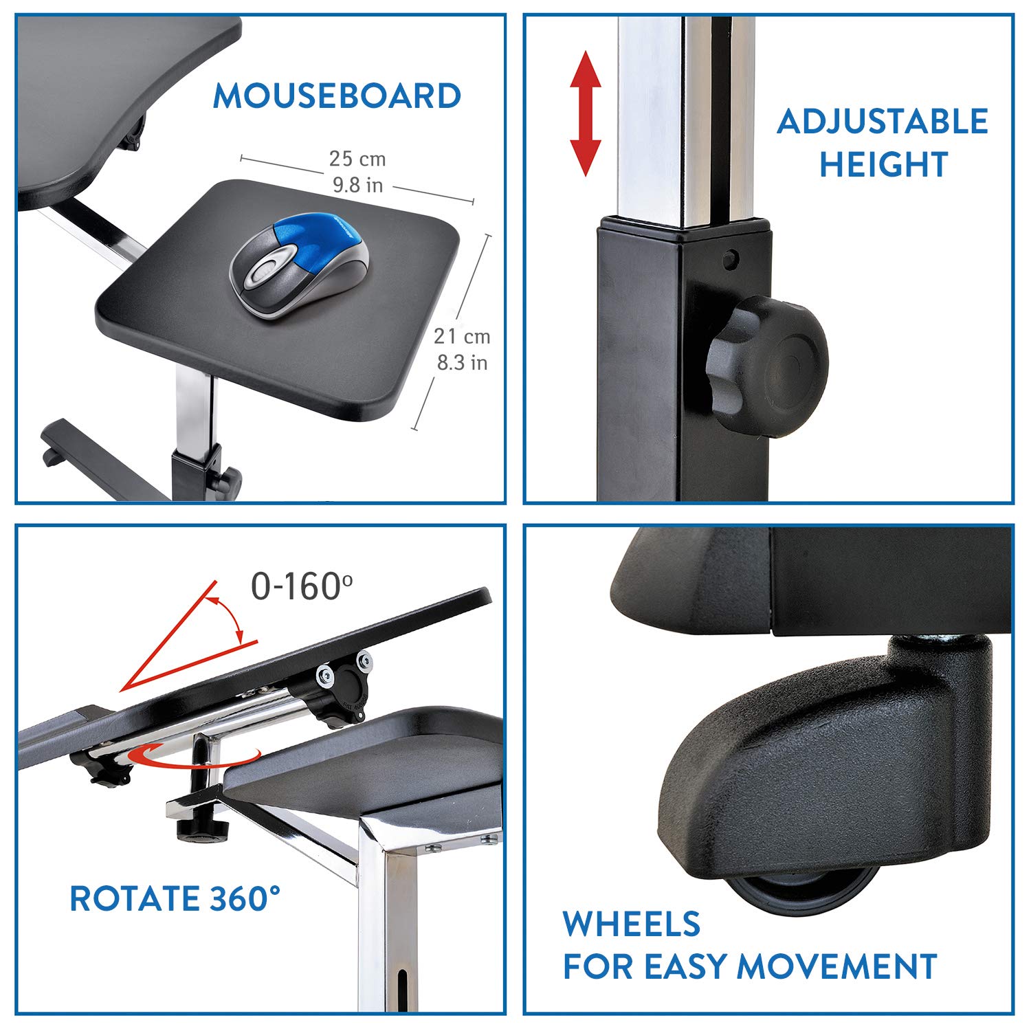 Tatkraft Joy Portable Laptop Desk with Mouse Pad, Rolling Computer Stand with Adjustable Height, Sturdy and Ergonomic, Black